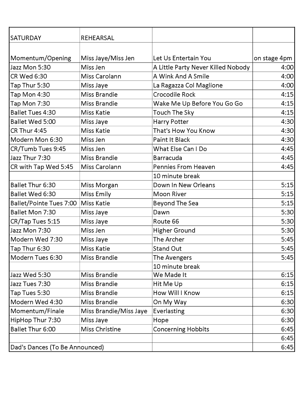 Saturday Rehearsal Schedule – Babylon School of Dance